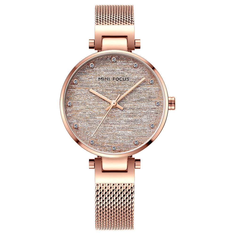 Mini Focus Rose Gold Mesh Bracelet Silver Dial Quartz Watch for Ladies – Dreams Pakistan