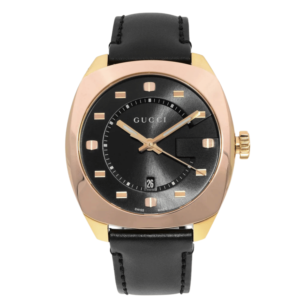 Gucci GG2570 Black Leather Black Dial Quartz Watch for Gents- GUCCI YA ...
