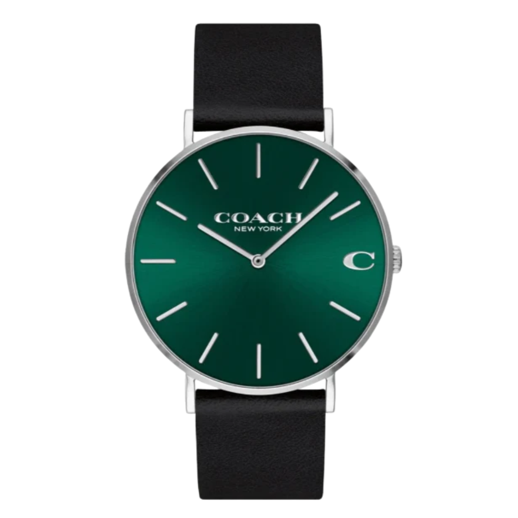 Coach Charles Black Leather Strap Green Dial Quartz Watch for Gents ...