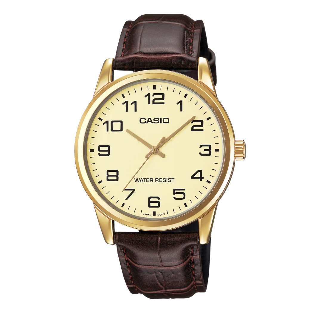 Casio Brown Leather Strap Gold Dial Quartz Watch for Gents - MTP-V001G ...