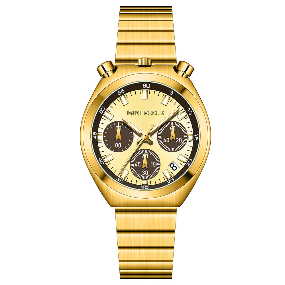 Mini Focus Rose Gold Stainless Steel Gold Dial Chronograph Quartz Watc ...