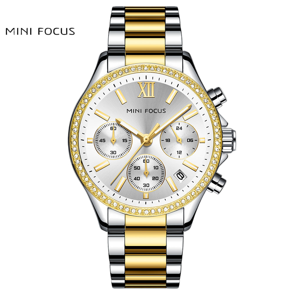 Mini Focus Two-tone Stainless Steel Silver Dial Chronograph Quartz Wat ...