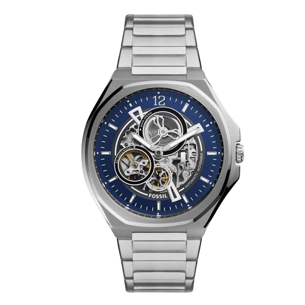 Fossil Silver Stainless Steel Blue Dial Automatic Watch for Gents - BQ ...