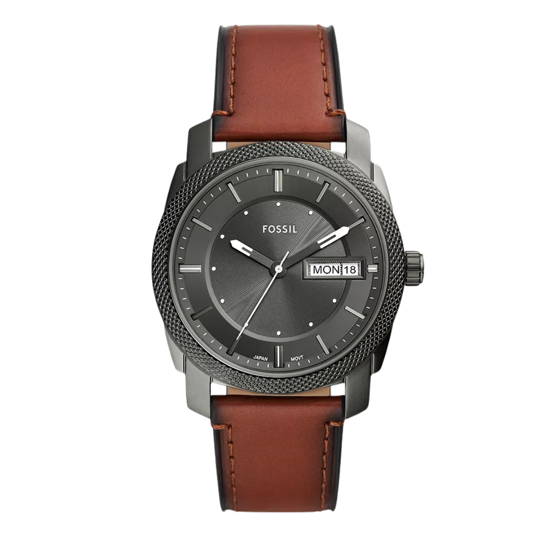 Fossil Machine Brown Leather Strap Grey Dial Quartz Watch for Gents ...