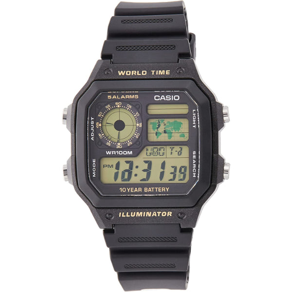 Casio Illuminator Black Leather Strap Green Dial Quartz Watch for Gent ...