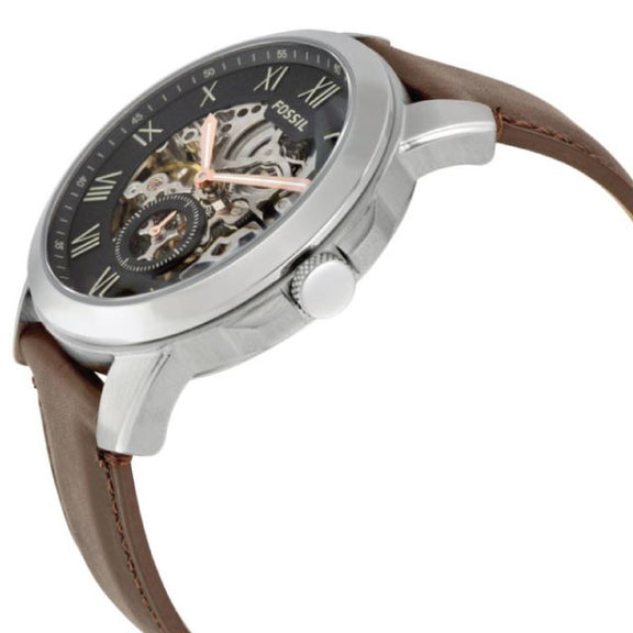 Fossil Grant Black Leather Strap Skeleton Dial Automatic Watch for Gen ...